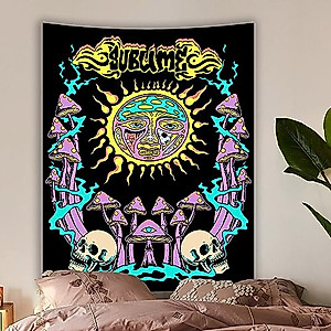 Miytal Blacklight Sun Tapestry, UV Reactive Hippie Aesthetic Mushroom Poster, Skull Vertical Glow in The Dark Tapestry for Bedroom - 44" x 59"