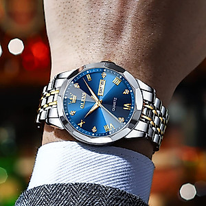 OLEVS Watch for Men Diamond Business Dress Analog Quartz Stainless Steel Waterproof Luminous Date Two Tone Luxury Casual Wrist Watch Blue