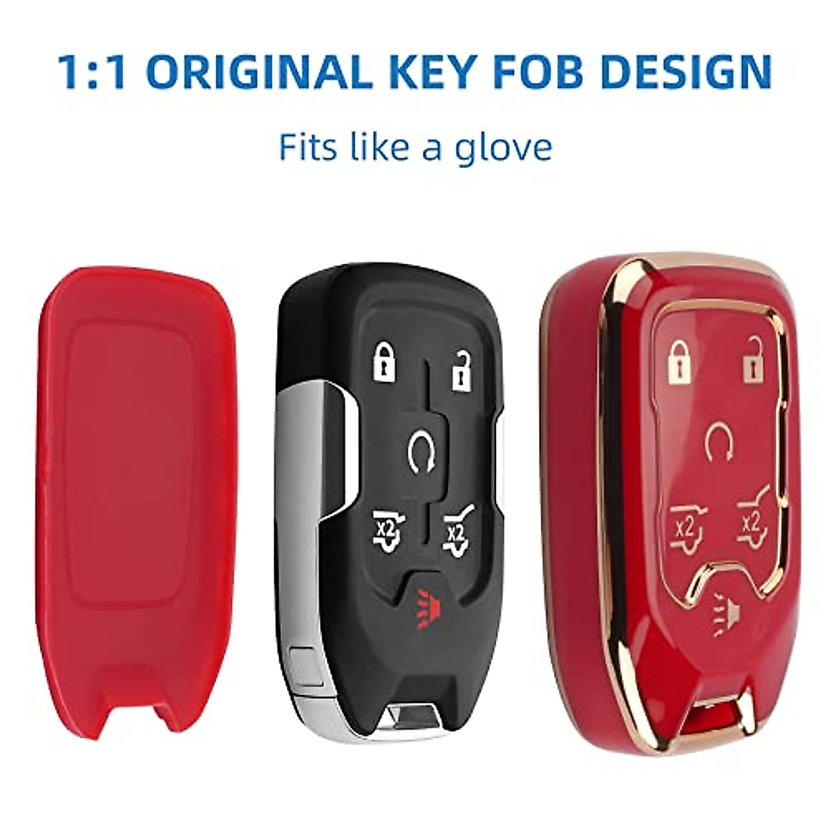 Jimtyee for GMC Key Fob Cover with Leather Lanyard Keychain Key Fob Case Shell Protection for Chevy Silverado Tahoe Suburban GMC Sierra Yukon Smart Remote Key Protector(Red)