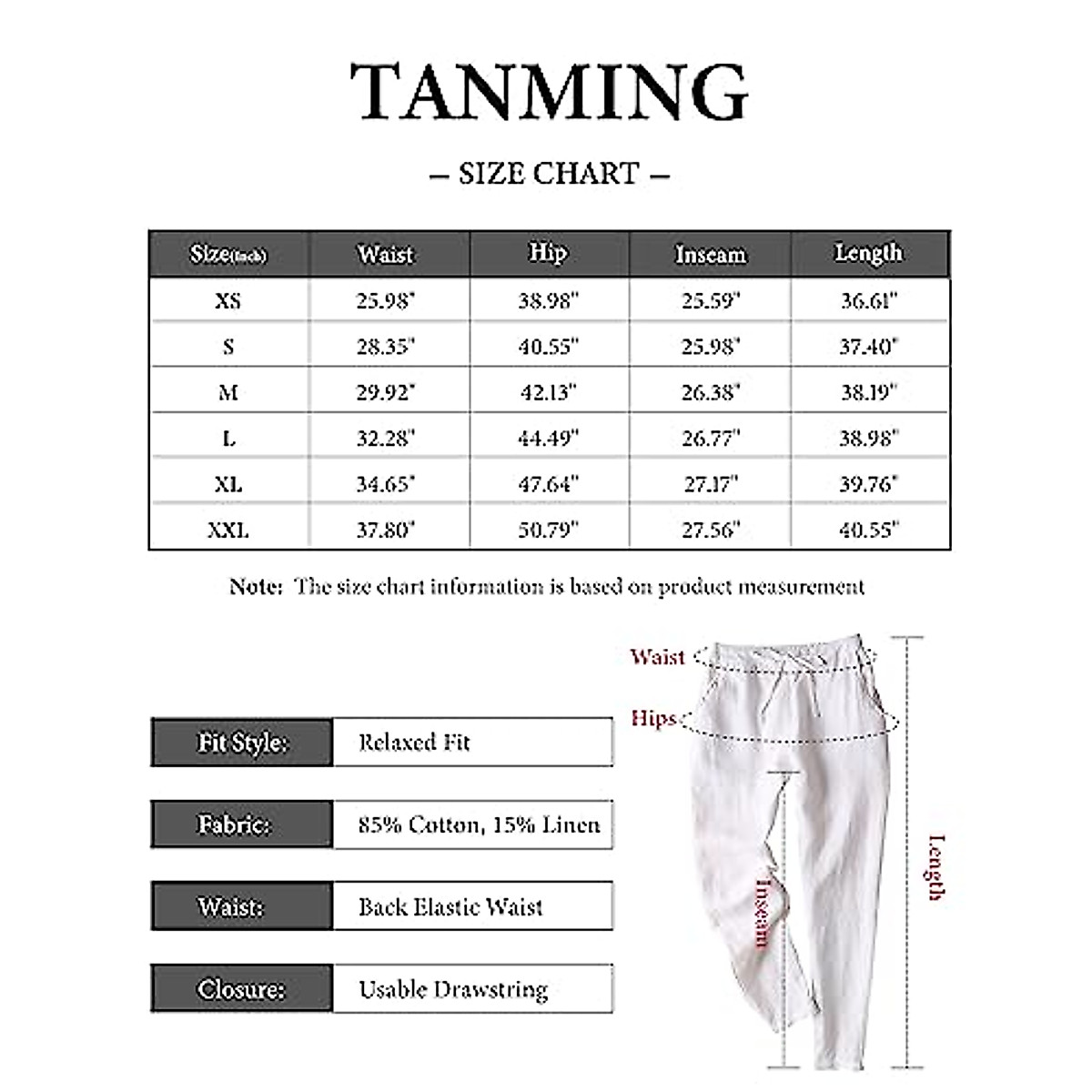 Tanming Linen Pants for Women Summer Casual High Waisted Drawstring White Beach Pant (White, M)