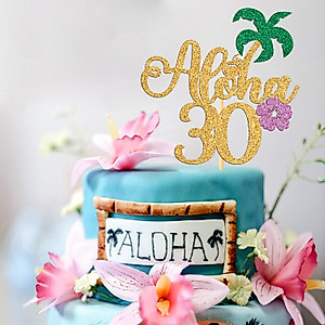 Gold Glitter Aloha 30 Cake Topper, Hello 30/Cheers to 30 Years/Happy 30th Birthday/Anniversay, Tropical Hawaiian Themed 30th Anniversary/Birthday Party Decorations