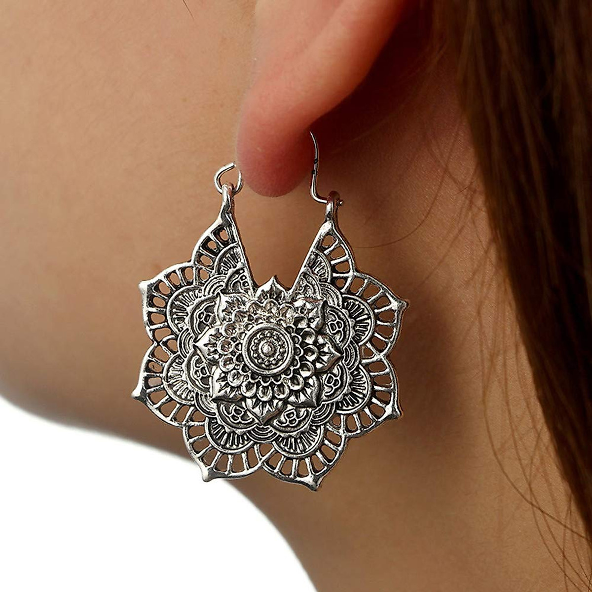 S5E5X Women Earrings Antique Silver Gypsy Indian Tribal Ethnic Hoop Dangle Mandala Earrings Boho Openwork Flower Alloy Earrings (Gold)