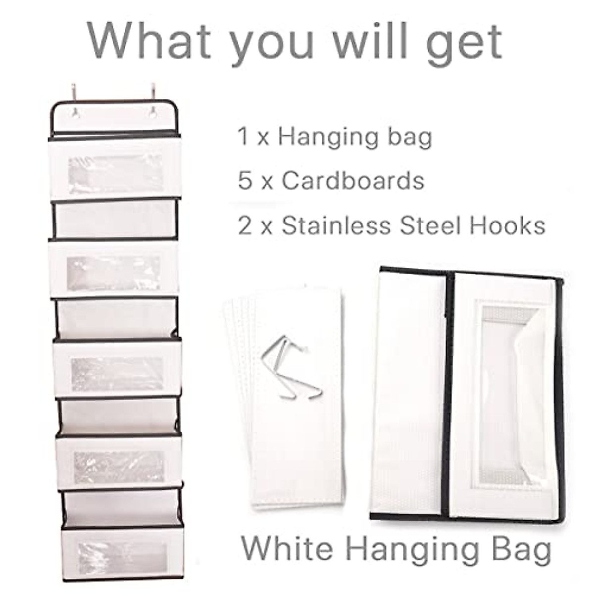 5-Shelf Over Door Hanging Organizer Storage,5 Large Pockets with Clear Windows，2 Metal Rings for Large Hanging Weight for Nursery, Diapers, Closet,Room,Dorm(White)