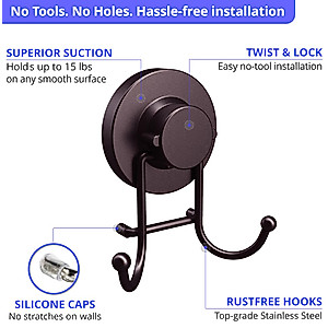 HOME SO Suction Cup Hooks for Shower, Bathroom, Kitchen, Glass Door, Mirror, Tile – Loofah, Towel, Coat, Bath Robe Hook Holder for Hanging up to 15 lbs – Rustproof Bronze Stainless Steel (2-Pack)