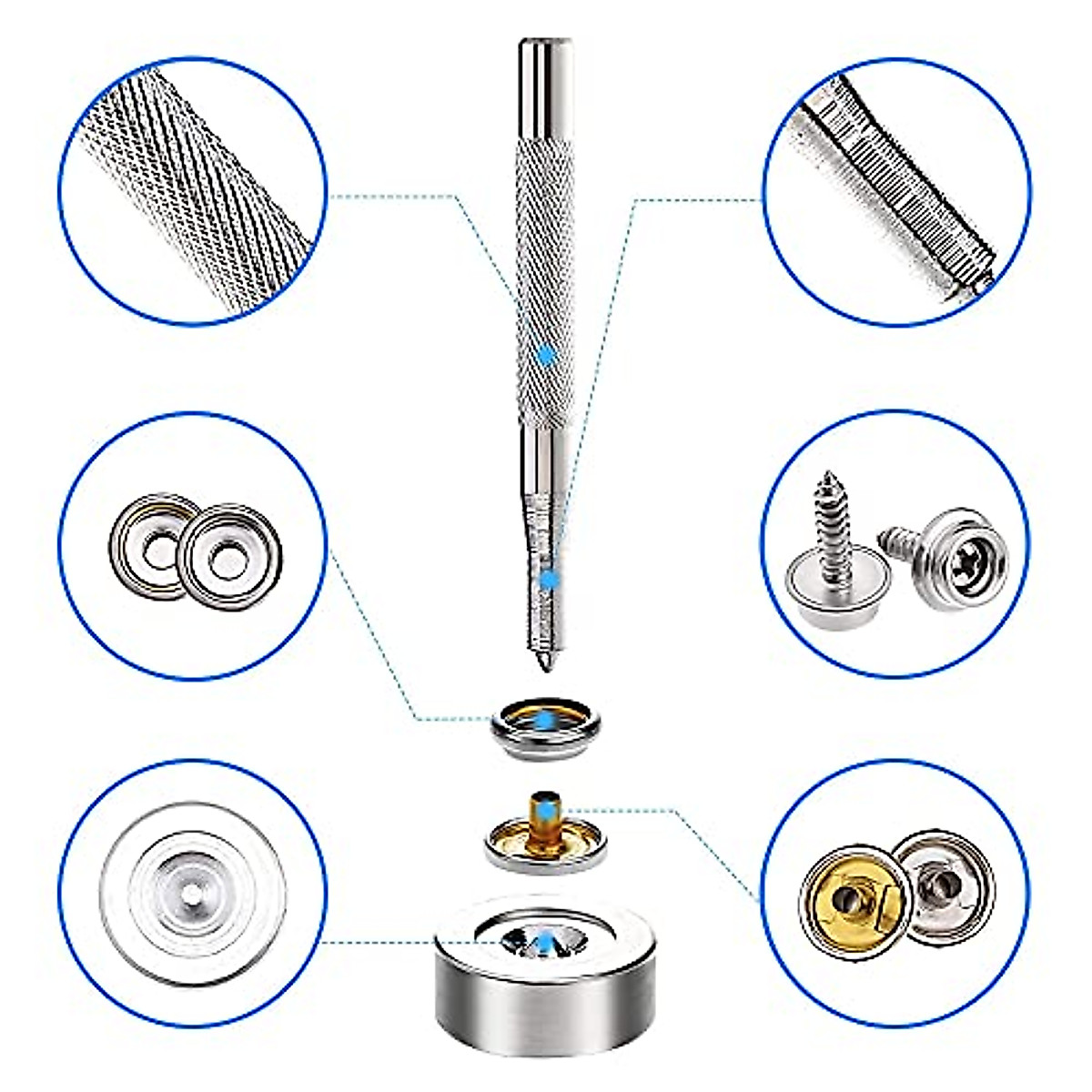 MMOBIEL 153 Pcs Snap Button Kit Screw Snaps Fastener Stainless Steel Heavy Duty for Canvas Upholstery Boat Cover, Furniture, Outdoor, Marine Grade 3/8 inch, 5/8 Socket Incl. Snap Fastener Tool