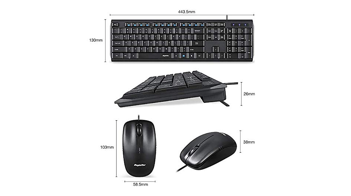 Eagletec KM120 Wired Keyboard and Mouse Combo - Slim & Quiet Ergonomic Set