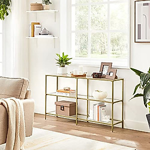 VASAGLE 51.2 Inch Console Sofa Table with 3 Shelves, Metal Frame, Tempered Glass Shelf, Modern Style, for Entryway Living Room Bedroom, Gold Color ULGT024A01