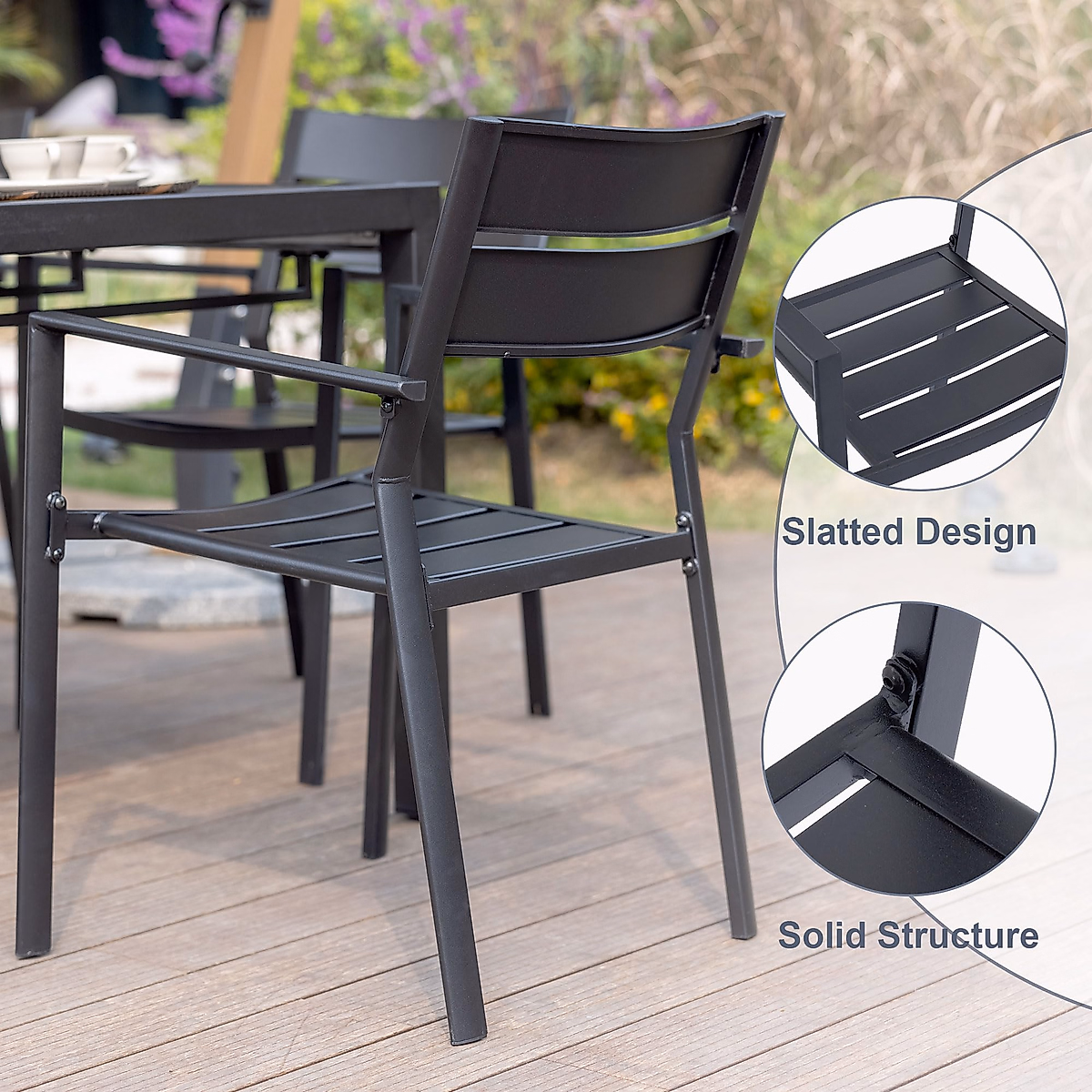 VICLLAX Patio Dining Chairs Set of 2, Stackable Metal Chairs Set with Armrests for Poolside, Backyard, Garden, Deck, Porch, Grey