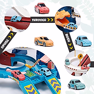 Race Track Toys for Kids Car Adventure Toy Dinosaur Climbing Hills Railcar with 4 Cars Colorful Vehicles Construction Play Set