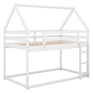 Twin Over Twin House Bunk Bed, Wood Montessori Floor Bunk Bed Frame with Ladder, Low Bunk Beds with Roof for Kids, Teens, Girls, Boys, White