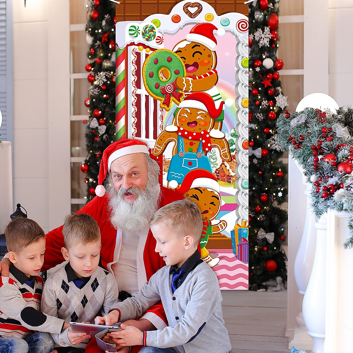 Christmas Door Cover Decorations Gingerbread House Door Cover Gingerbread Man Christmas Door Backdrop Banner Xmas Door Hanging Banner for Christmas Winter Party Ginger Bread Holiday Xmas Eve Supplies
