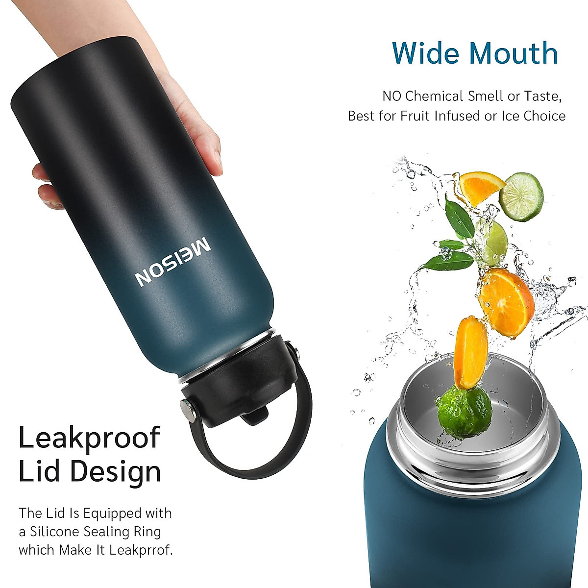 Insulated Water Bottle With Straw 32oz, Sports Water Bottle 1 Liter, Reusable Wide Mouth Vacuum 18/8 Stainless Steel Thermos Flask, Double Wall, BPA-Free (Deep Blue & Black, 32oz)
