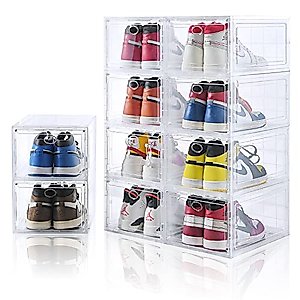 Amllas 10 Pack Clear Shoe Boxes Stackable,Shoe Storage for Closet,Sturdy Box Containers with Door,Sneaker Storage,Easy to Assemble,Fit up US Size 12(13.8”x 9.84”x 7.1”)