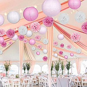 15Pcs Party Pack Paper Lanterns and Pom Pom Balls Hanging Decoration for Wedding Birthday Baby Shower-Pink/White