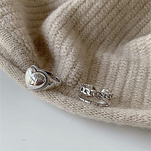 Vintage Chunky Heart Chain Ring for Women Silver Plated Wide Statement Adjustable Layered Curb Chains Open Band Knuckle Tail Finger Rings Comfort Fit Retro Dainty Jewelry (Lacy Love)