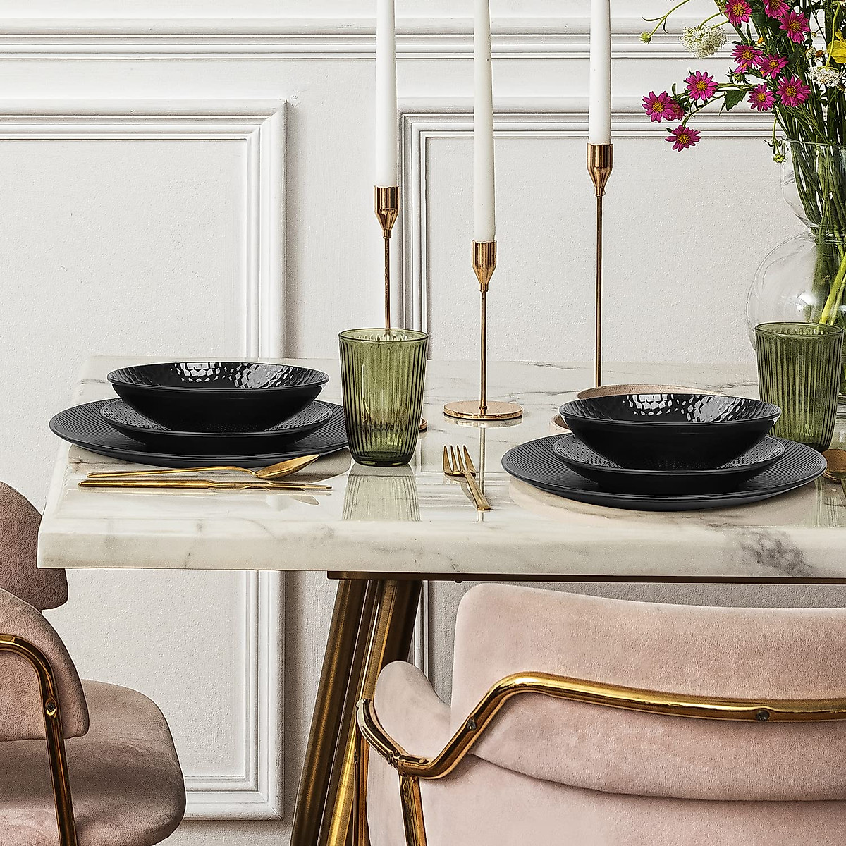 afcevnlb Black Dinnerware Sets 12 pcs Melamine Plates and Bowls Sets Round Dinner Set with Plates, Dishes, Bowls and Serving Platters, Kitchen Dinnerware Sets for 4