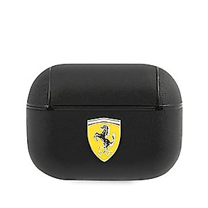 Ferrari AirPods Case Cover in Black, Compatible with Apple AirPods Pro, PU Leather Protective Hard Case, Shockproof, Wireless Charging, and Signature Metal Logo