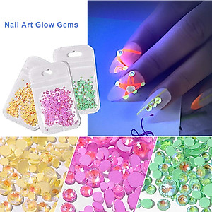 HERIS 8 Pack Mixed Glow Nail Art Rhinestones Fluorescent Diamonds Decorations Accessories Décor Crystals Gems for DIY Manicure