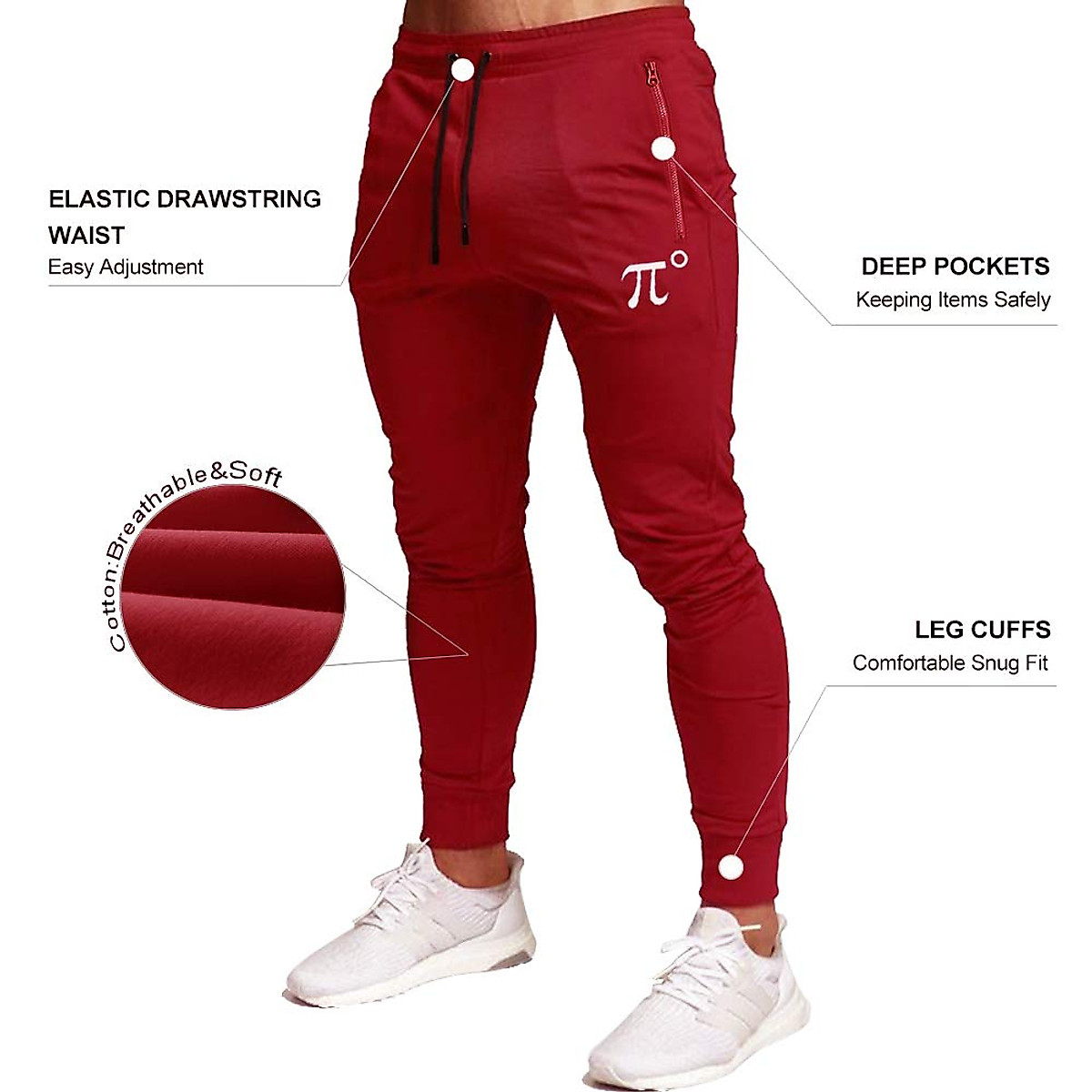 Wangdo Men's Joggers Sweatpants Gym Training Workout Pants Slim Fit with Zipper Pockets(Red-XXL)