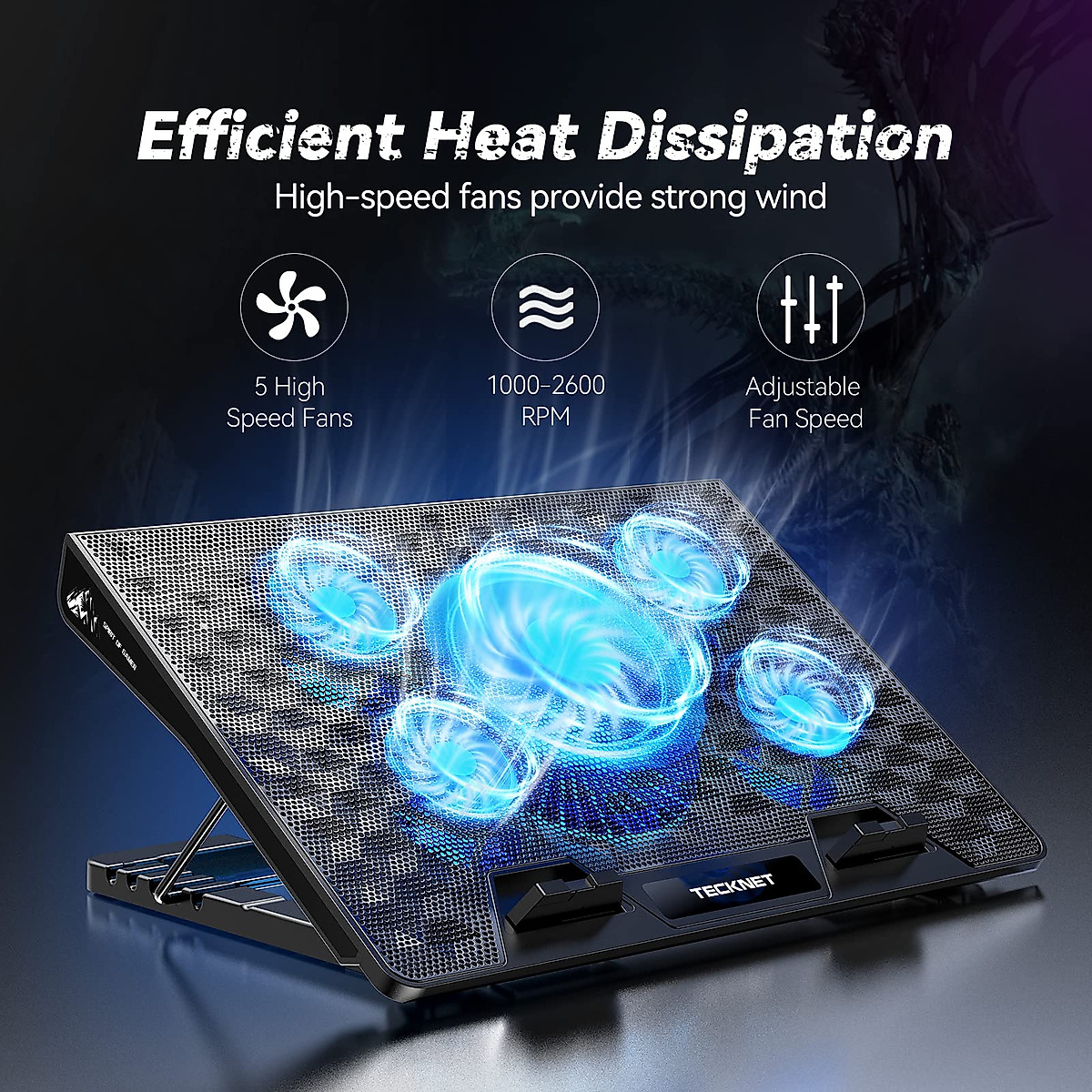 TECKNET 12 ''-17 ''inch Laptop Cooling Pad,5 Quiet Cooling Fans Laptop Cooler with 5 Adjustable Height, Laptop Cooling Stand for with Speed Controller, 2 USB Port - Blue