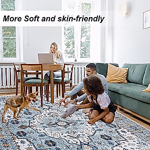 Washable Rug Living Room Rugs: 8x10 Area Rug Large Boho Medallion Distressed Carpets Indoor Soft Floor Anti Slip Carpet for Under Dining Table Bedroom Farmhouse Home Office - Cyan Blue/Beige