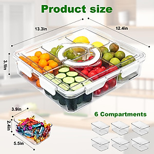 Divided Serving Tray with Lid & Handle, BPA-free Food Storage Container, Snack Box, 6 Compartment Snack Containers, Fruit Storage Containers for Fridge,Storage Organizer For Veggie,Fruit,Candy,Nuts