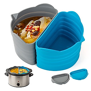 2 PCs 6-8 Quarts Silicone Crock Pot Divider Insert Oval, Reusable Slow Cooker Liners for Hamilton Beach, KitchenAid or any other Crockpot Liners, Dishwasher Safe, Leak Proof, Easy Clean (Grey+Blue)