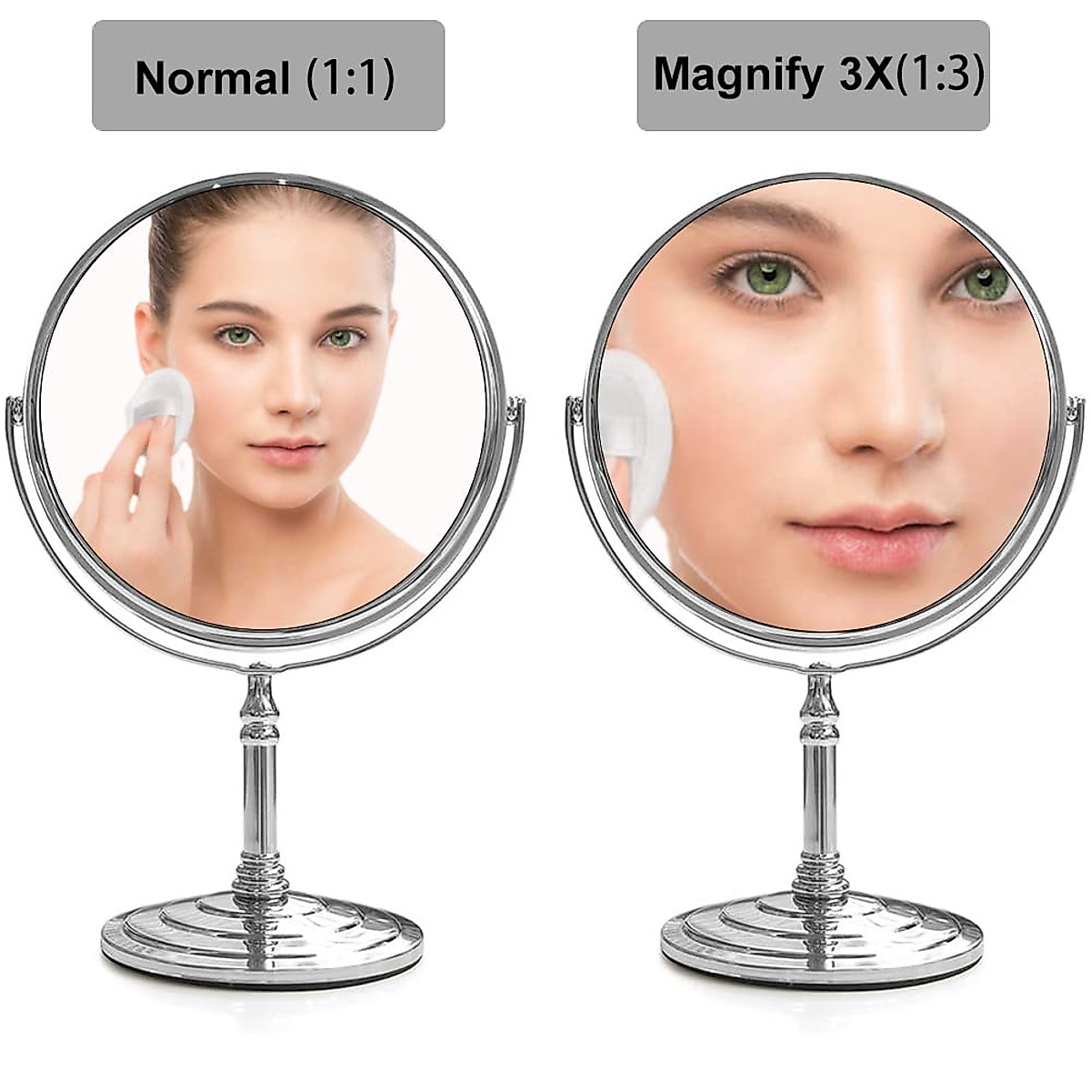 HAIPUTTER Double Sided 3X and 1X Magnifying Makeup Mirror with Stand, 6 in Silver Vanity Swivel Mirrors for Desk Table Standing