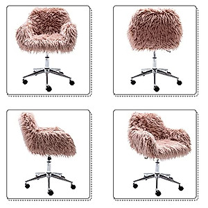 KCC Fluffy Office Desk Chair, Faux Fur Modern Swivel Armchair with Wheels, Soft Comfy Fuzzy Elegant Accent Makeup Vanity Chairs for Women Girls, Home Living Dressing Room Bedroom, Pink