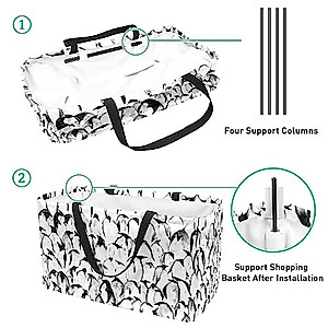 KQNZT Reusable Grocery Bags, Large Foldable Reusable Shopping Tote Bags Bulk for Groceries, Waterproof Kitchen Cloth Produce Bags with Long Handles, Animal Penguin