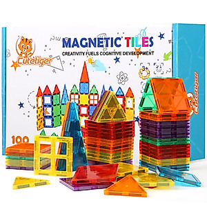 CuteTiger Magnetic Tiles, Magnet Tiles, 100 Pcs Magnetic Building Blocks No Cars, Square Building Castle, Preschool Toys, STEM Stacking Construction Montessori Toys for Kids
