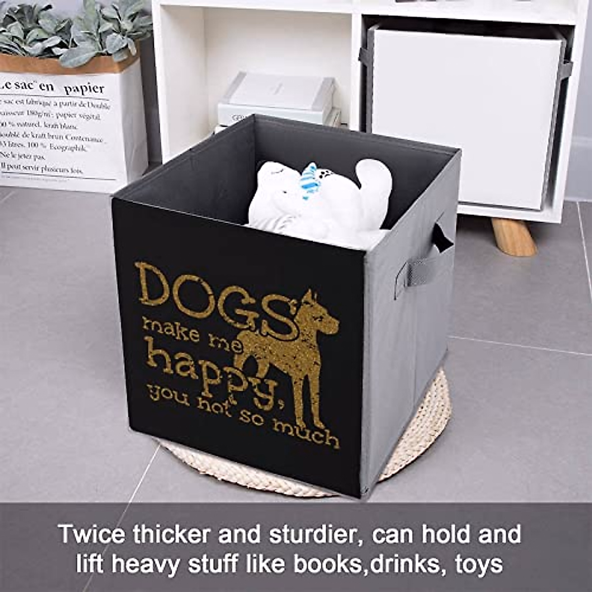 Dogs Make Me Happy PU Leather Collapsible Storage Bins Canvas Cube Organizer Basket with Handles