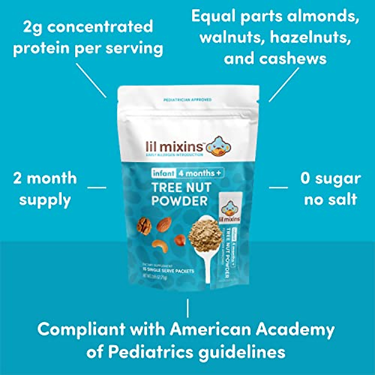 Lil Mixins Early Allergen Introduction Powder, Tree Nut | Baby Stage 1-3, For Infants & Babies 4-12 Mo., Support Healthy Food Tolerance | Individual Packets, 2 Month Supply