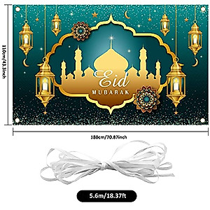 Large Eid Mubarak Party Decorations, Green and Gold Ramadan Mubarak Backdrop Banner, Muslim Ramadan Banner Photo Booth Backdrop for Eid Mubarak Indoor and Outdoor Decorations