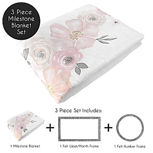 Sweet Jojo Designs Watercolor Floral Girl Milestone Blanket Monthly Newborn First Year Growth Mat Baby Shower Memory Keepsake Gift Picture - Blush Pink, Grey and White Boho Shabby Chic Rose Flower