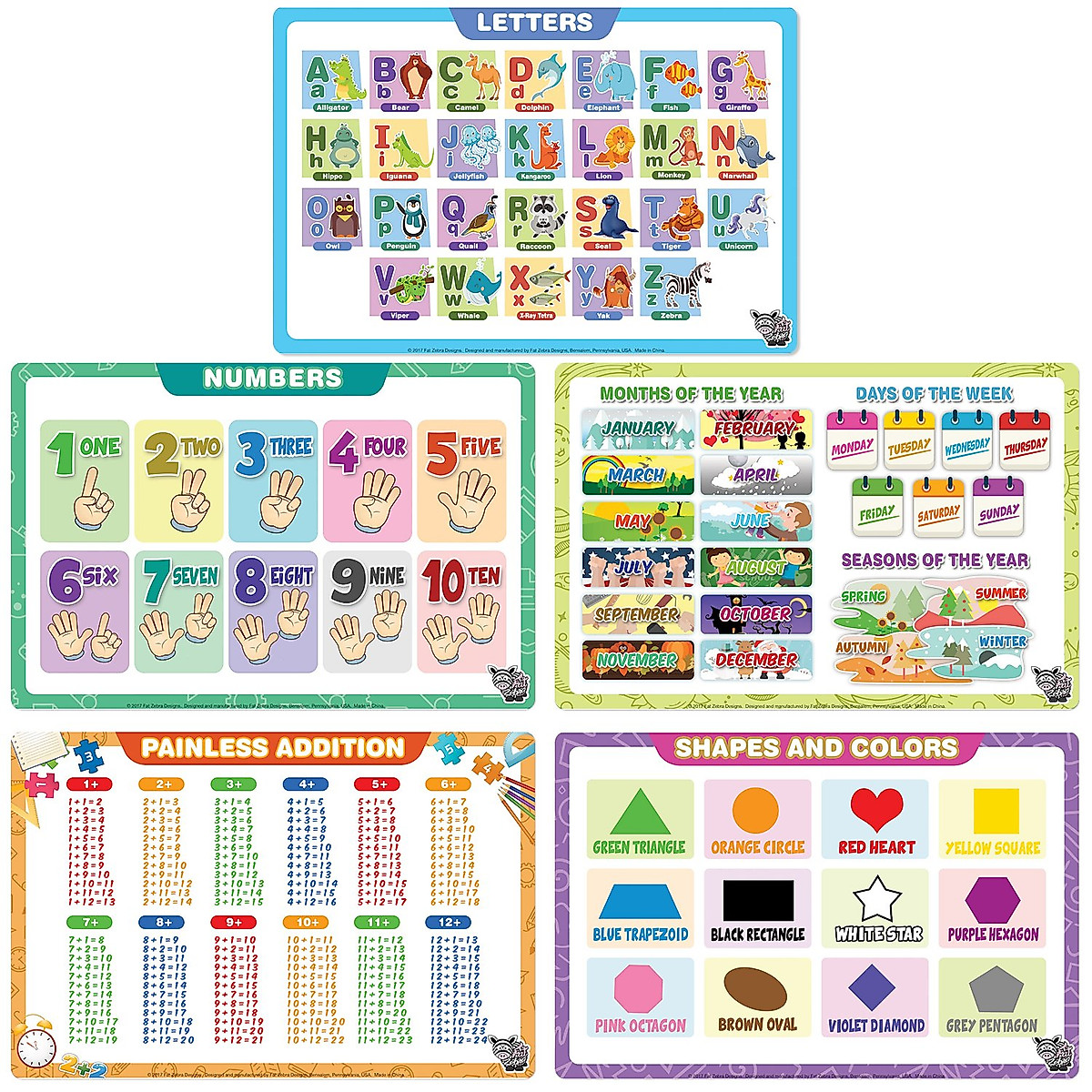 Fat Zebra Designs Educational Placemats - Set of 10 Learning Placemats - Easy Clean, Durable & Reusable Kids Table Mats - 12x17 Inches