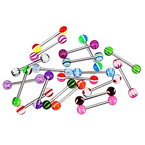 Niumike 20Pcs 14G Tongue Rings Assorted Colors Surgical Stainless Steel Barbells Piercing Jewelry