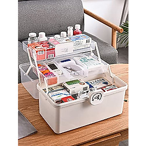 Sooyee Craft Organizers and Storage,Plastic Box with 3-Tier Fold Tray and Handle,Portable Lockable Container for Arts, Crafts,Cosmetic, Sewing, Toy, Washi Tape, Lego,13.4x7.5x8.9 in,Clear/White