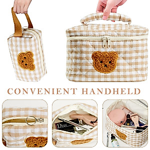 AIPJOY Kawaii Cotton Checkered Makeup Bag,Large Quilted Coquette Travel Cosmetic Bag,Cute Aesthetic Pouch Purse Toiletry Bag For Women（2pcs）