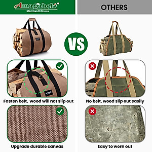 AMAGABELI GARDEN & HOME Fireplace Carrier Waxed Canvas Fire Place Sturdy Wood Carring Bag with Handles Security Strap for Camping Indoor Firewood Logs Tote Log Holder Birchwood Stand