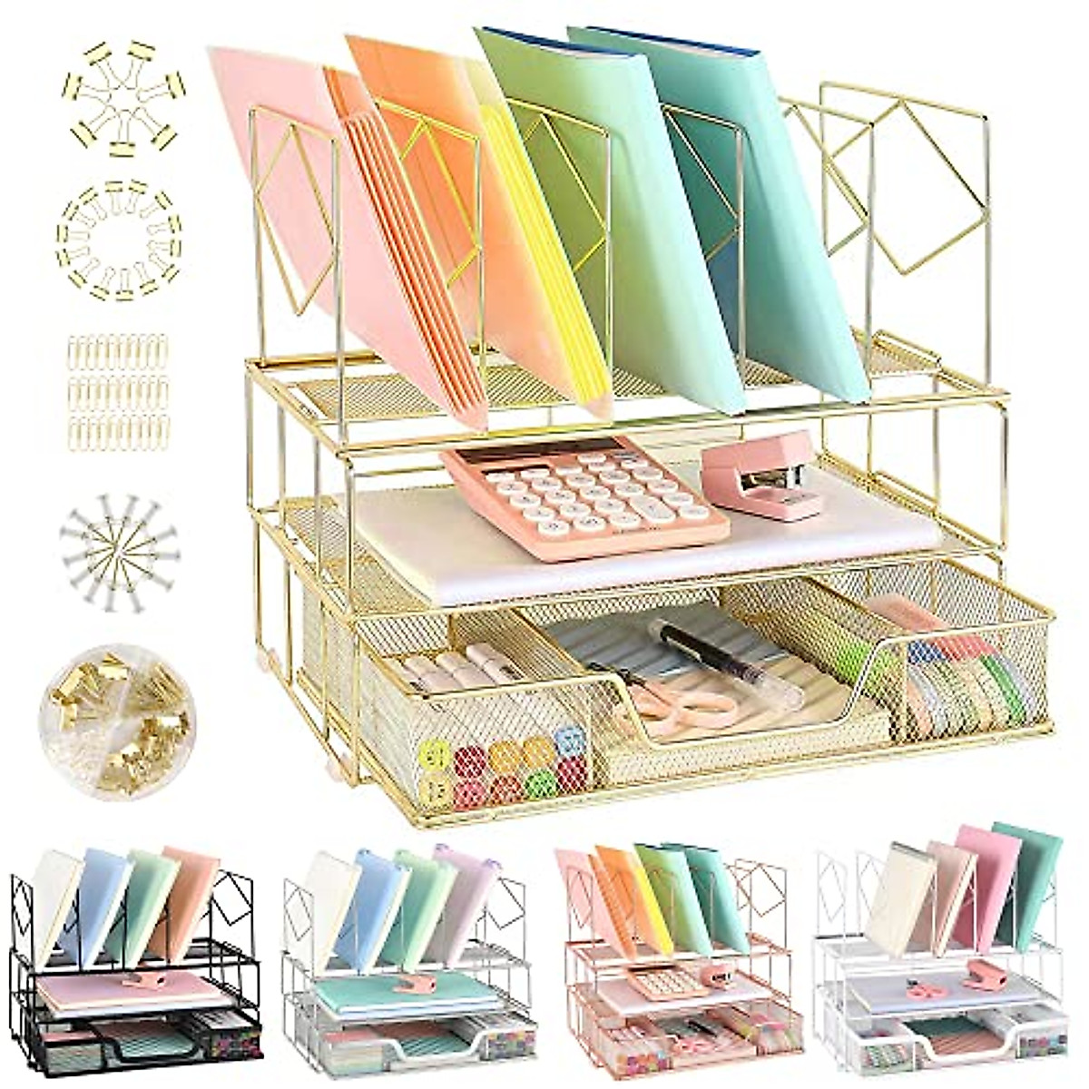 Youbetia Desk Organizers and Accessories - Double Tray and 5 Upright Sections, Office Supplies Desk Organizer with Drawer, File Office Organization with Binder Clips, Gold