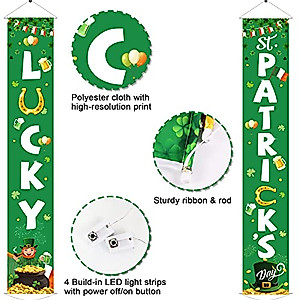St Patrick's Day Front Door Banners Lighted Irish Shamrock Porch Sign with LED Light Decorations Lucky Door Sign Shamrock Hanging Banner for St Patrick's Day Spring Party Indoor Outside Lighted Decor