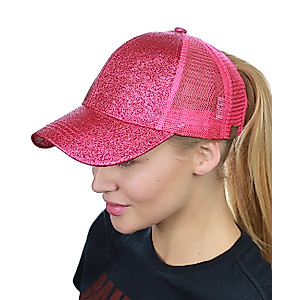 C.C Ponycap Messy High Bun Ponytail Adjustable Glitter Mesh Trucker Baseball Cap, Hot Pink
