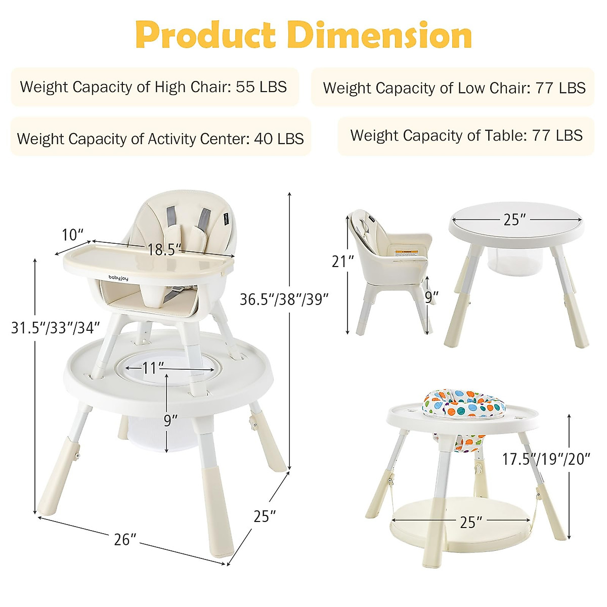 BABY JOY 7 in 1 Baby High Chair, Convertible Infant Feeding Chair w/Removable Tray, Adjustable Legs & Storage Basket, Toddler Building Block Table/Kids Table & Chair Set, Beige