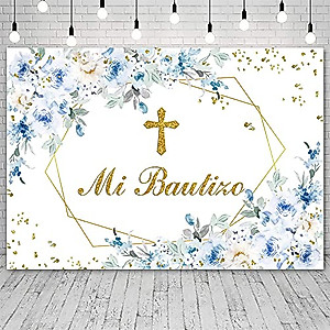 ABLIN 7x5ft Mi Bautizo Backdrop Mexican Baptism Party Decorations God Bless Boy First Holy Communion Banner Blue Flower Background Christening Newborn Baby Shower Decor Props, CQ304