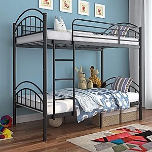 Alohappy Metal Bunk Beds Frame Twin Over Twin, Convertible Into 2 Individual Metal Bed Frame, Removable Ladder & Safety Guard Rail (Black)