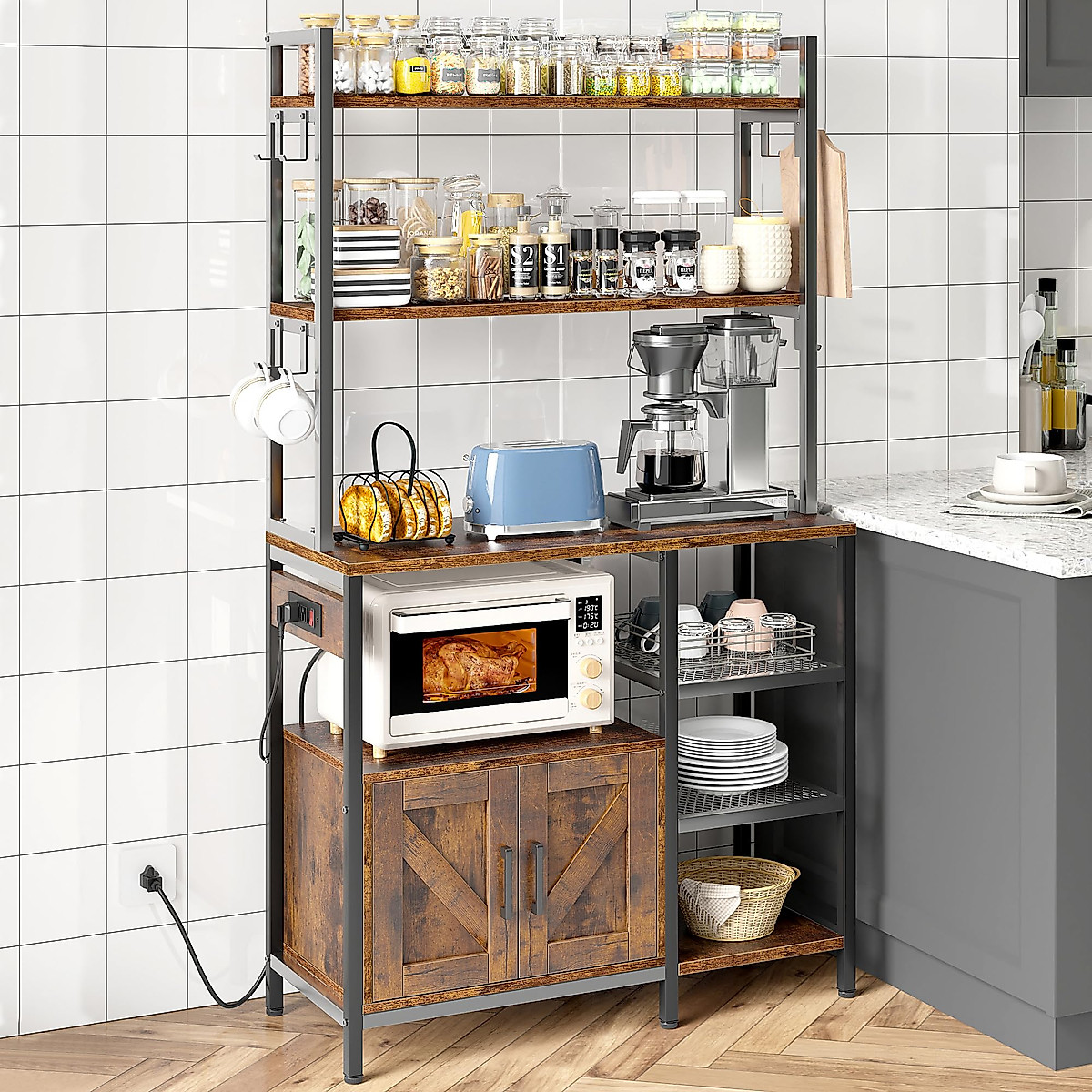 EnHomee Bakers Racks for Kitchens with Power Outlet, 6-Tier Microwave Stand with Storage Cabinet, Farmhouse Kitchen Coffee Bar with Side Hooks, Utility Shelf for Kitchens