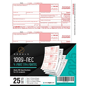 1099 NEC Forms 2022, 1099 NEC Laser Forms IRS Approved Designed for QuickBooks and Accounting Software 2022, 4 Part Tax Forms Kit, 25 Vendor Kit – Total 38 (108) Forms