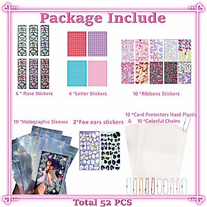 toovro 52 PCS Photo Card Holders for Kpop DIY Suit Penny Sleeves 10 Card Protectors Hard Plastic Holographic Sleeves with Chains 22 Korean Stickers Ribbon Heart Letter Charm Rose Devil Horn Stickers