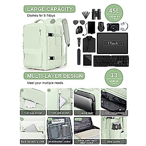 Large Travel Laptop Backpack, Expandable Flight Approved Backpack, Carry on Backpack for Women, Waterproof 17inch Laptop Hiking Backpack with Shoe Compartment, Mint Green